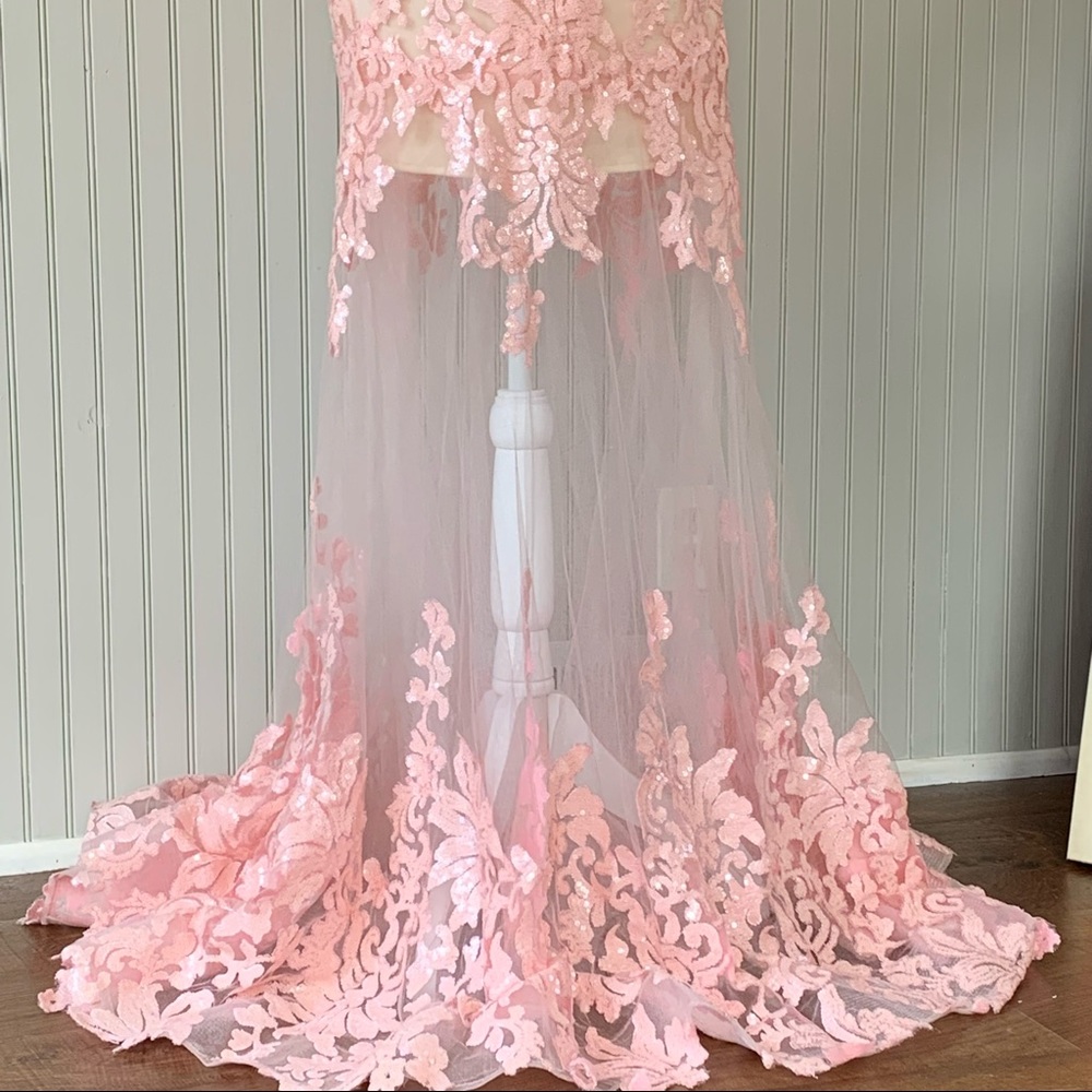 Glamorous Sheer Embellished Pink Floral Long Dress Go… - Gem